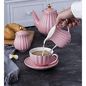 Jusalpha Fine China Pink Coffee Cup/Teacup Set, 7 OZ Cups& Saucer Service for 4, with Teapot-Sugar Bowl-Cream Pitcher Teaspoons and tea strainer for Tea/Coffee, 17-Pieces (TW Full set)