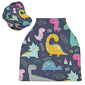 WELLDAY Baby Car Seat Covers Kids Dinosaurs Stretchy Breastfeeding Scarf Breathable Infant Carseat Canopy Nursing Covers Multi Use for Stroller High Chair Shopping Cart Boys and Girls