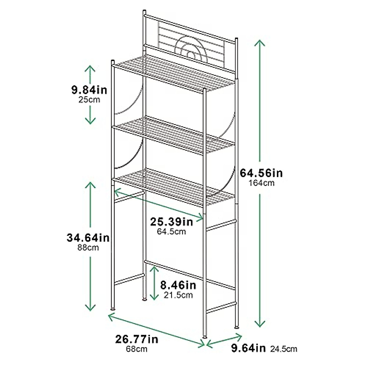 MallBoo Toilet Storage Rack, 3 -Tier Over-The-Toilet Bathroom Spacesaver - Easy to Assemble,9.5" D x 26.7" W x 64.4" H(Black)