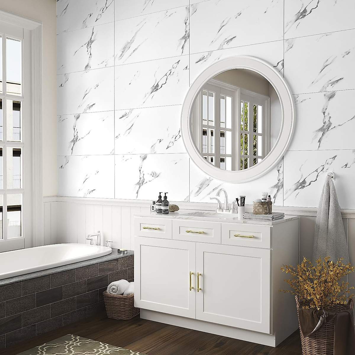 FunStick 12"x24" 15 Pcs White Peel and Stick Floor Tile Marble Vinyl Flooring for Bathroom Floor Tiles Peel and Stick Wall Tiles Waterproof Grey Stick on Flooring Sticky Tiles for Kitchen RV Flooring