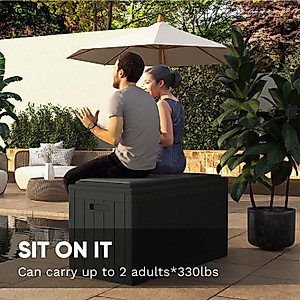 Patiowell 100 Gallon Resin Deck Box with cushion, Waterproof Large Outdoor Storage Box for Patio Furniture and Garden Tools, Black