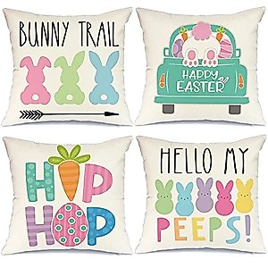 GEEORY Easter Pillow Covers 18x18 Set of 4 Easter Decorations for Home Bunny Truck Hello Peeps Hip Hop Pillows Easter Decorative Throw Pillows Spring Easter Farmhouse Decor