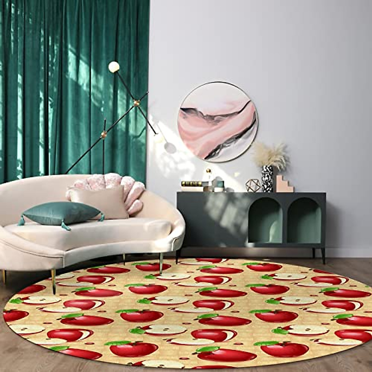 LAMANDA Round Area Rugs Red Apples Green Leaf Indoor Floor Carpet Non Slip Throw Rug for Living Room Bedroom Kids Nursery Farm Fruit Harvest 48in