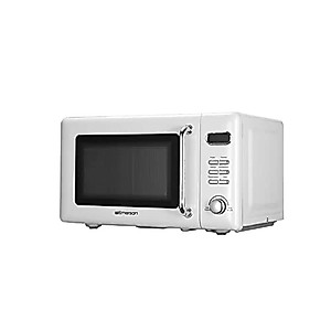 Emerson MWR7020W Compact Countertop Microwave Oven with Button Control, LED Display, 700W 5 Power Levels, 8 Auto Menus, Glass Turntable and Child Safe Lock, 0.7, Retro White