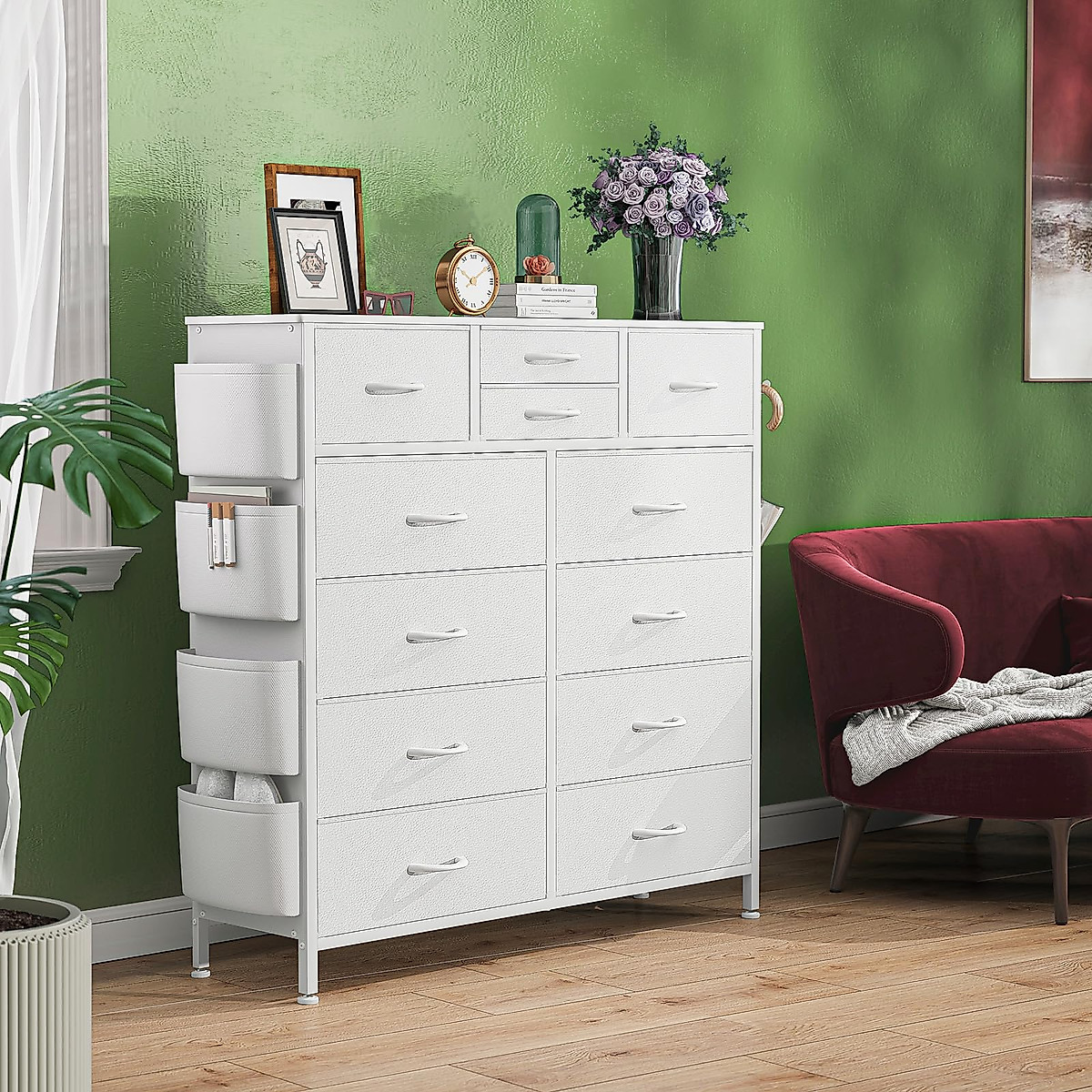 YaFiti Dresser for Bedroom with 12 Drawers, Chest of Drawers with Side Pockets and Hooks, PU Fabric Dresser Drawers for Living Room, Hallway, Entryway (White)