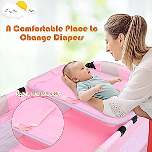 BABY JOY 4 in 1 Pack and Play, Portable Baby Playard with Bassinet, Changing Table w/Safety Belt, Zippered Door, Hanging Toys, Baby Pink Bassinet & Cribs Activity Center from Newborn to Toddler (Pink)