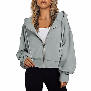 Trendy Queen Hoodies for Women Full Zip Up Cropped Sweatshirts Jackets Casual Comfy Gym Tops Fall Outfits Winter Clothes 2025 LightGreen M