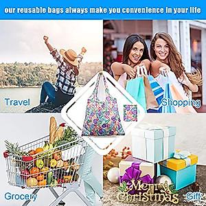 MRYUWB 6 Pcs Set Reusable Grocery Bags, Foldable Shopping Bags, Large Groceries Bags with Pouch Bulk, Ripstop, Easy Carrying，Waterproof, Eco-Friendly, Machine Washable Nylon Tote Bag (Shiny Flowers)