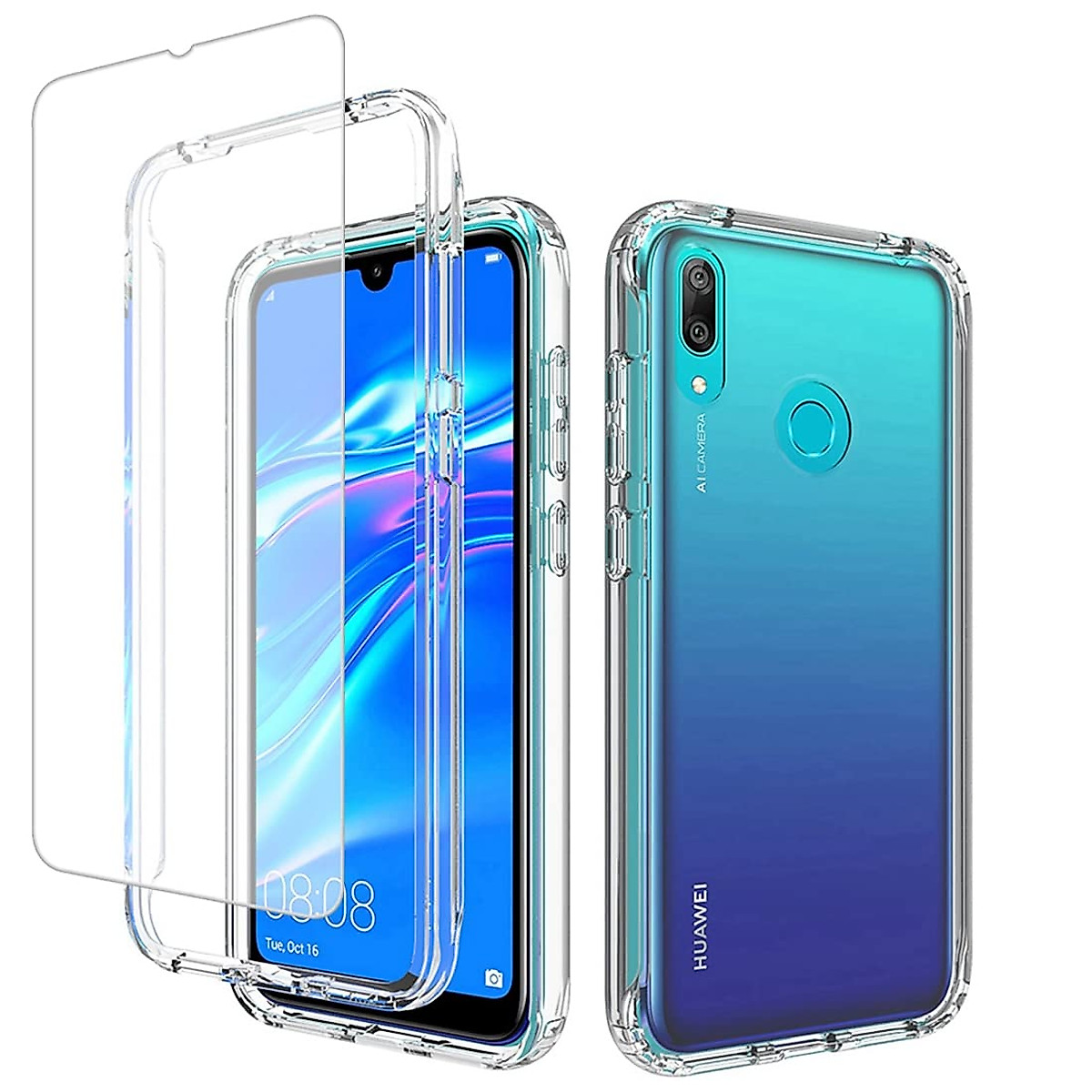 Vavies Compatible with Y7 2019/Y7 Prime 2019 Case, Dub-LX1 Case with Tempered Glass Screen Protector, Full Body Shockproof Clear Flexible Protective Cover Cases for Huawei Y7 Prime 2019 (Clear)
