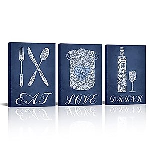 sechars 3 Piece Kitchen Wall Art Eat Love Inspirational Quote Sign Restaurant Cafe Bar Decorations Navy Blue Poster Print on Canvas Framed for Farmhouse Country Home Dining Room Decor Ready to Hang