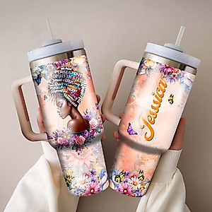WAZONE Personalized Black Girl 40oz Tumbler with Handle and Straw Lid Melanin Insulated Cup Custom Name Stainless Steel Travel Coffee Mug Birthday Christmas African Gifts For Women Afro Girls