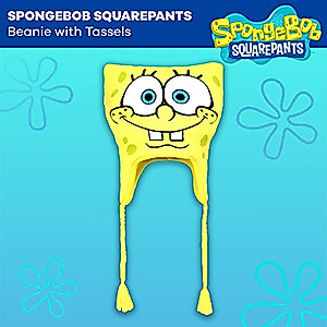 Concept One SpongeBob Squarepants Beanie Hat, Peruvian Knit Acrylic Beanie Cap with Tassels, Yellow, One Size
