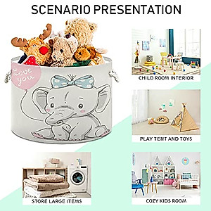 Round Storage Basket 20"x14" Cute Baby Elephant and Balloons Collapsible Storage Organizer Basket with Handles, Fabric Nursery Laundry Basket Large Capacity