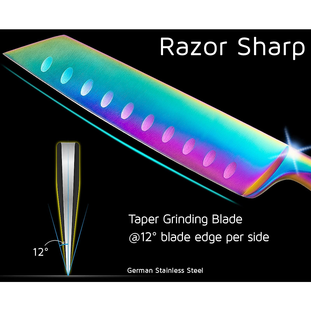 WELLSTAR Kiritsuke Chef Knife 8 Inch, Razor Sharp German Steel Blade and Comfortable Handle with Rainbow Titanium Coated for Kitchen Food Cutting Slicing Dicing, Asian Vegetable Meat Cooking Knife