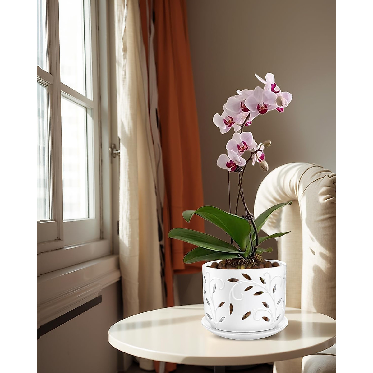 EFISPSS Orchid Pot with Holes, 5+6Inch Ceramic Plant Pots with Drainage Holes and Tray, Promoting Air Circulation and Drainage, Indoor/Outdoor White Flower Pots