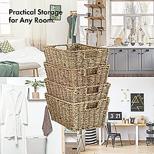 VonHaus Set of 4 Seagrass Storage Baskets with Insert Handles Ideal for Home and Bathroom Organization - 12(L) x 9(W) x 6(H) inches