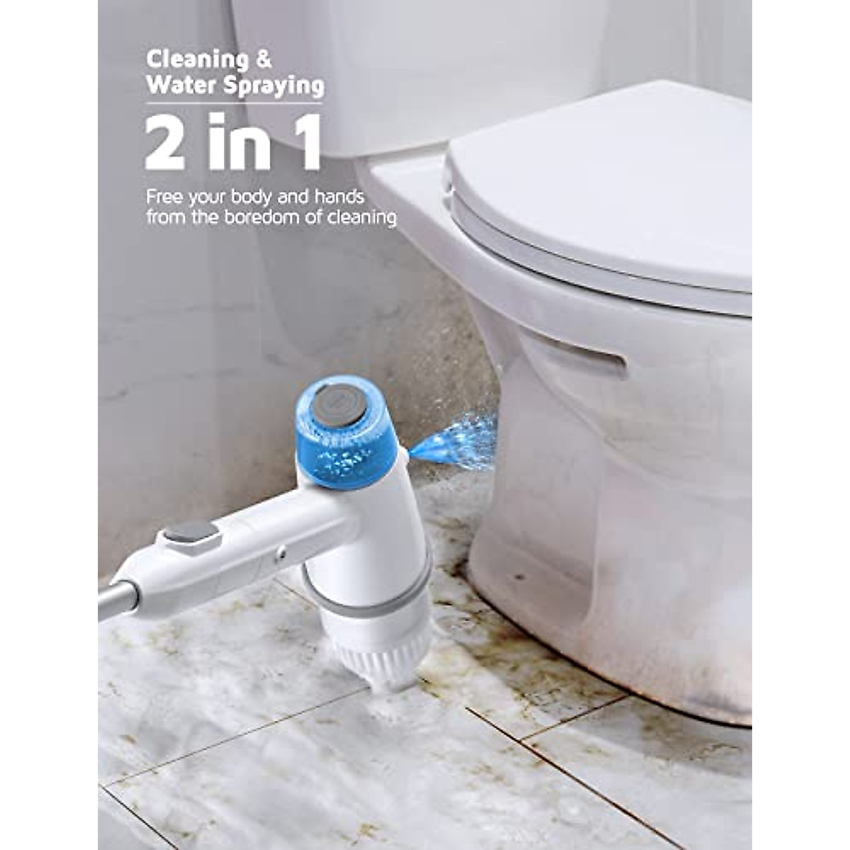 Hivita Electric Spin Scrubber, Cleaning Brush with Soap Dispenser, Cordless Rechargeable Electric Spin Scrubber with 50ml Detachable Water Tank, Extension Handle and 4 Brush Heads for Tub Floor Tile