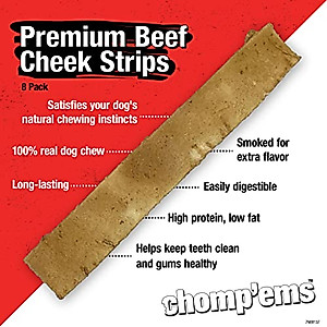 Chomp'ems Beef Cheek Strips, 8 Pack - Healthy, Protein Rich Treats for Dogs - Long Lasting Dog Chews