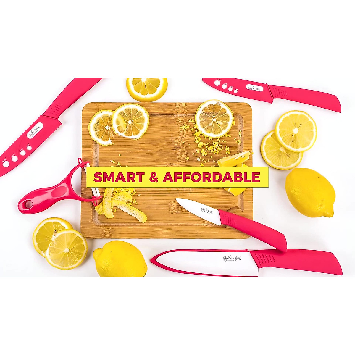 Serrated Pink Ceramic Knife Set with 5" Serrated Knife, Kitchen Knife Set - Includes 3”, 4”, 5”, 6” Ceramic Knives, Matching Sheaths and a Matching Vegetable Peeler in a black Gift Box