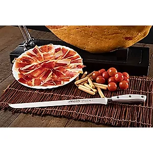 ARCOS Forged Slicing Knife / Ham Knife 12 Inch Nitrum Stainless Steel and 300 mm blade. Ergonomic Polyoxymethylene POM Handle. Series Riviera Blanc. Thin blade with a characteristic smooth edge. Color White.