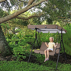 general3 Patio Waterproof Swing Canopy Cover Set, 2 Seats Top Cover+ Swing Cushion Cover, Courtyard Swing Chair Seat Pads Cover Replacement Outdoor Sunscreen Protection Cover (Coffee, 64.5x45 x6'')