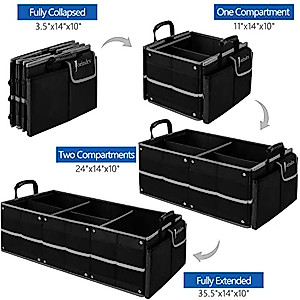 Jorindes Trunk Organizer With Reflective Stripe For Car,Cargo Organizer For Suv With Non Slip Bottom Strips,3 Large Compartments Foldable Waterproof Portable Car Storage Box,2 Tie-Down Straps