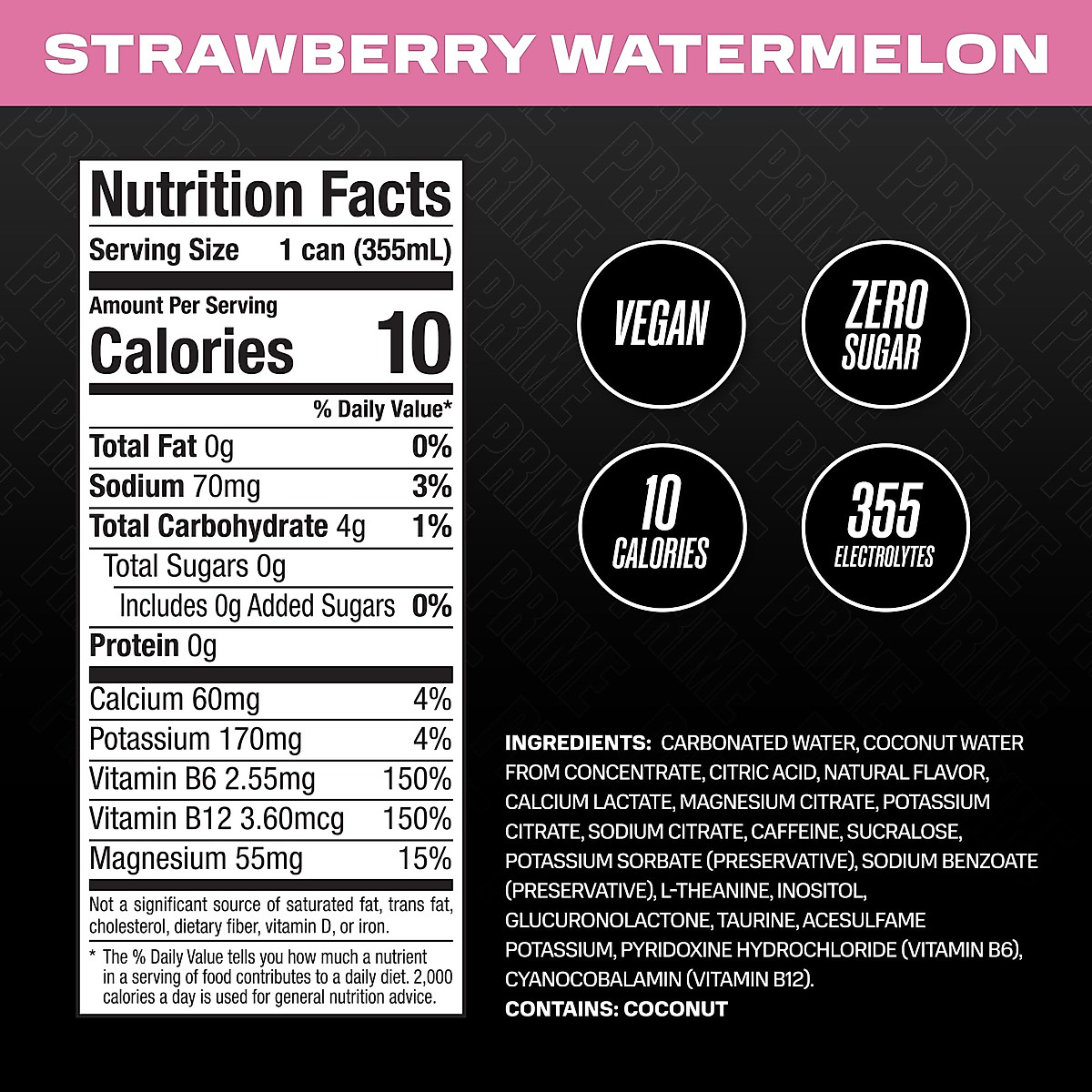 Prime Energy Drink by Logan Paul & KSI Naturally Flavored, 200mg Caffeine, Zero Sugar, 300mg Electrolytes, Vegan, 12 Fl Oz per Can (Strawberry Watermelon, 24 Pack)