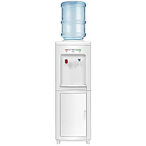 COSTWAY Water Cooler Dispenser for 3-5 Gallon Bottle, Top Loading Hot and Cold Water Dispenser with Storage Cabinet, Child Lock, Water Cooler with Compression Refrigeration Technology, White