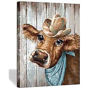 RUIFENGL Country Cow Picture Wall Decor Cute Cool Funny Brown Farm Cattle Interesting Animal Canvas Prints Wall Art Rustic Farmhouse Bathroom Kitchen Bedroom Printed Artwork Size 12"x16"