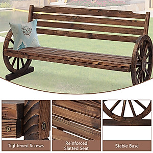 JSUN7 2-Person Rustic Wooden Wheel Bench Wagon Wood Seat with Backrest Rustic Country Design Bench for Backyard Patio