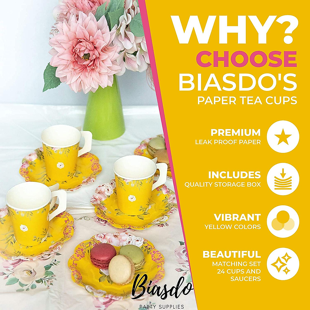2 x 24 PACK Biasdo Paper Tea Party Decorations, 24 Drink Cups with Handles and Matching Dessert Saucer Plates for Baby and Bridal Shower Decor, Birthday Party, Event Hosting, Bright Yellow