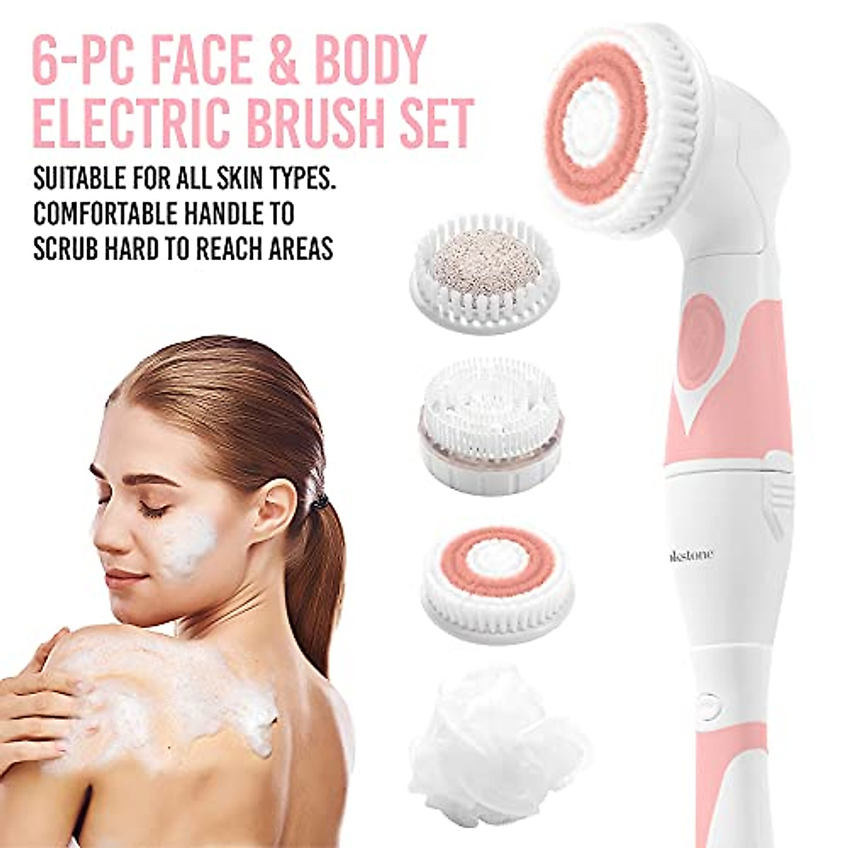 Brookstone 6 Piece Electric Body Bath Brush | Long Handled Body Scrubber and Facial Cleansing Brush | Battery Powered Shower Brush with 4 Spin Brush Heads