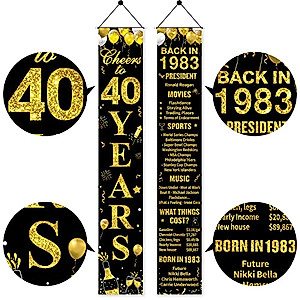 40th Birthday Door Banner Decorations for Women Men, Black Gold Happy 40th Birthday Back in 1983 Porch Sign Party Supplies, Forty Years Old Birthday for Outdoor Indoor