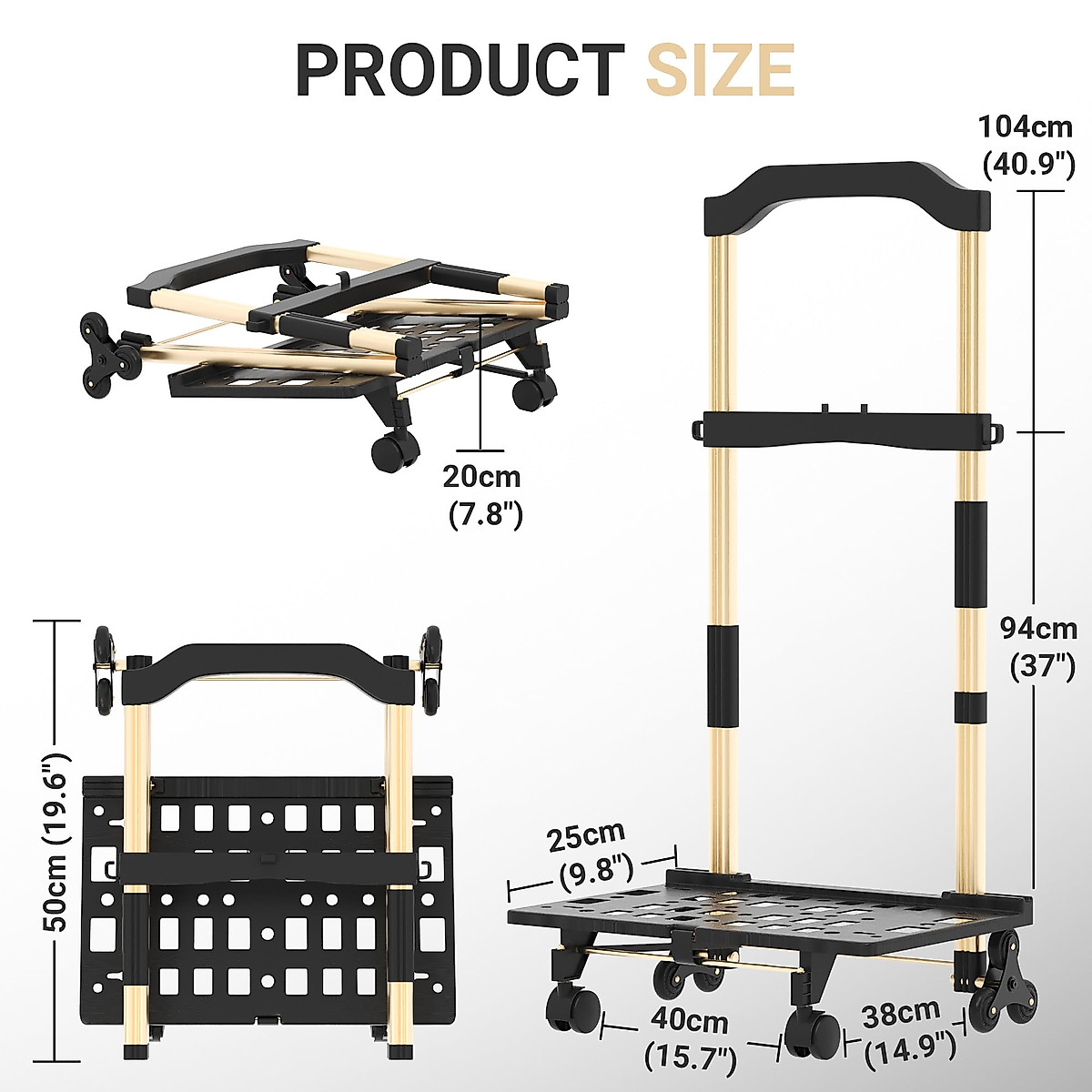 Folding Hand Truck, 200 lbs Durable Luggage cart with All-Terrain Triple Wheels, Multifunctional and Compact Dolly cart with Wheels for Shopping, Moving and Traveling, Gold
