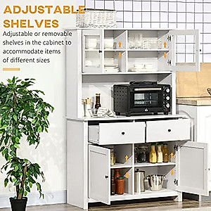 HOMCOM 63.5" Kitchen Buffet with Hutch, Pantry Storage Cabinet with 4 Shelves, Drawers, Framed Glass Doors, Open Microwave Countertop, Antique White