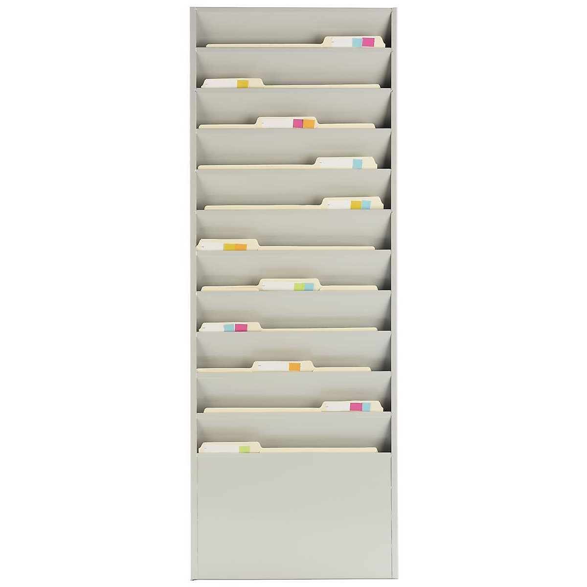 Displays2go Office File Folder Wall Rack, 11 Tiered Pockets, Medical Chart Folders (Putty/Powder Coated Steel)