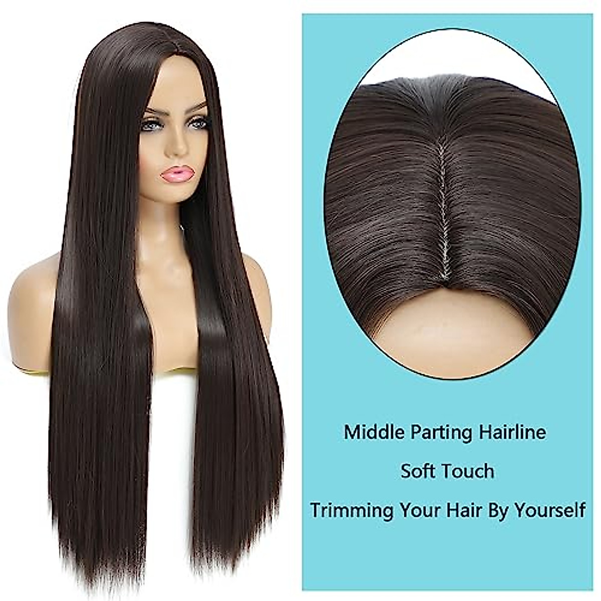 Long Straight Highlights wig Middle Part Natural hairline Synthetic Wigs for Women 24 Inch Heat Resistant Fibre for Daily Party Use(Dark Brown Mixed Brown)