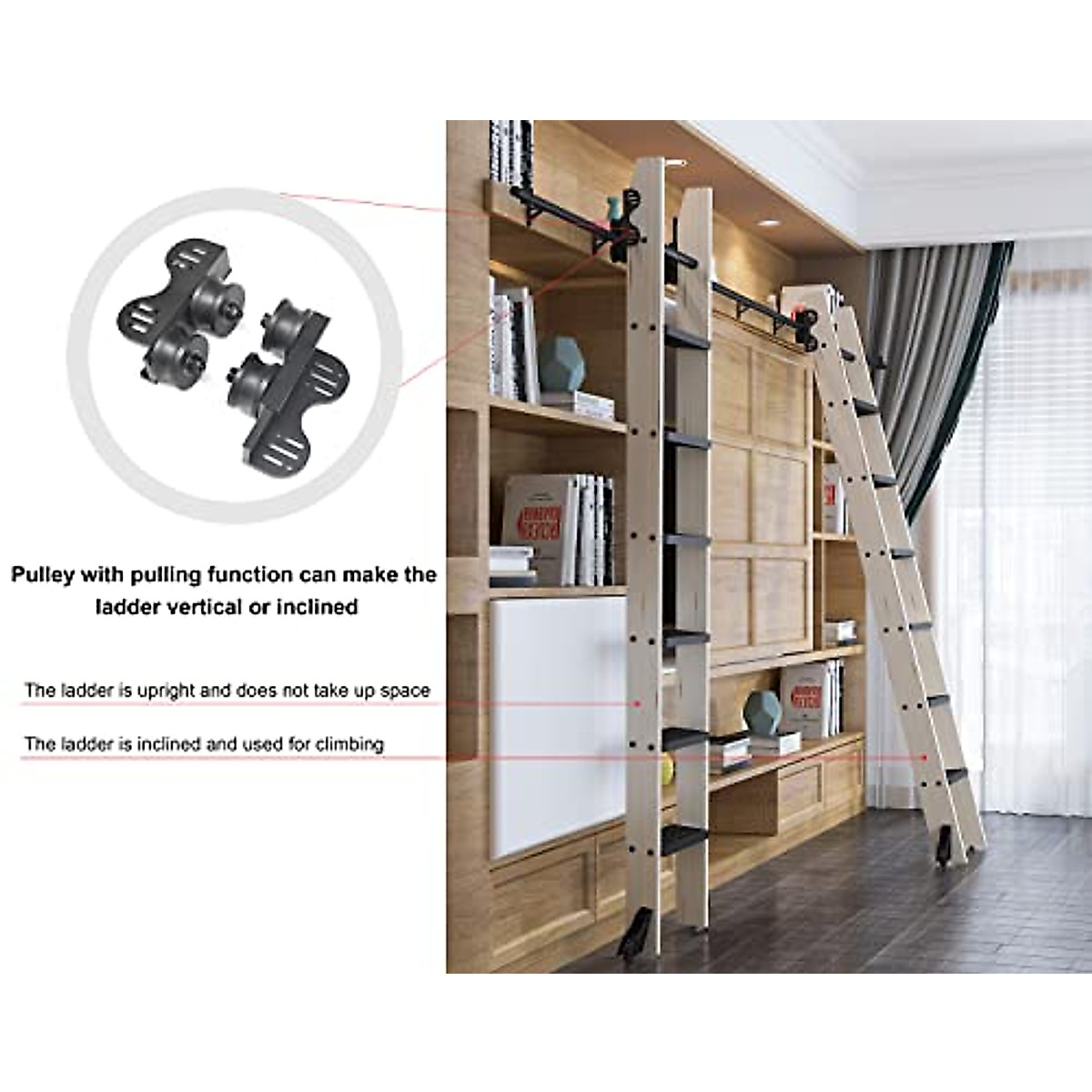 104RDHOUSE 4FT Sliding Library Ladder Hardware kit Telescopic Upper Roller,Floor Wheels with Brakes (No Ladder)