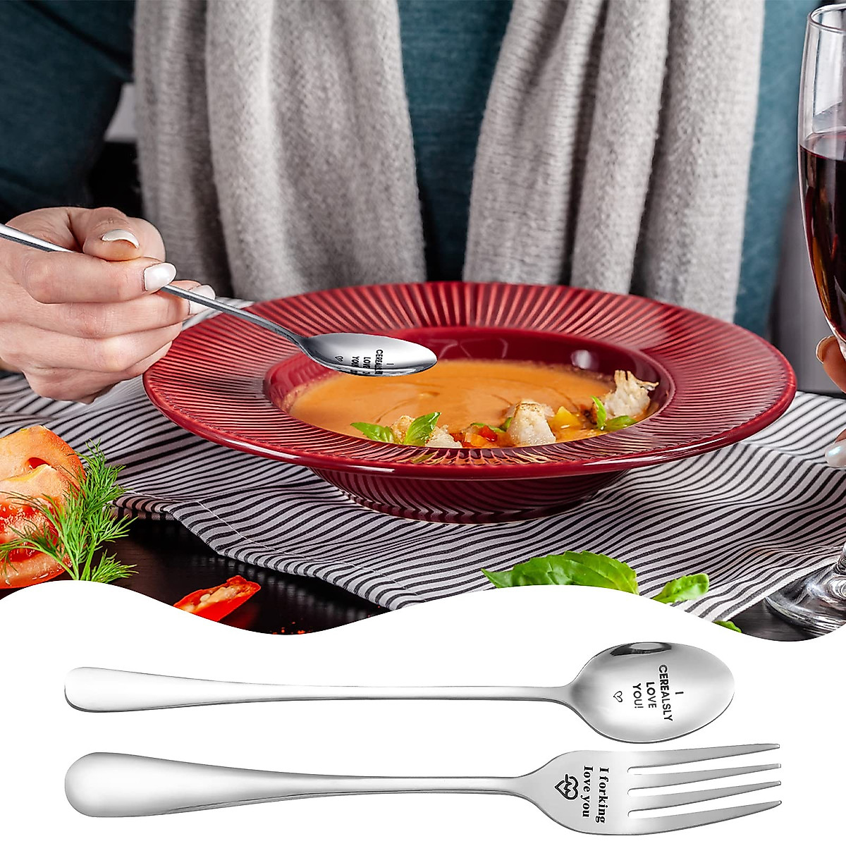 2 Pcs I Love You Engraved Spoon and Fork Set Valentine's Gifts for Boyfriend Girlfriend Couples I Love You Funny Fork Stainless Steel I Cerealsly Love You Cereal Spoon in Gift Box