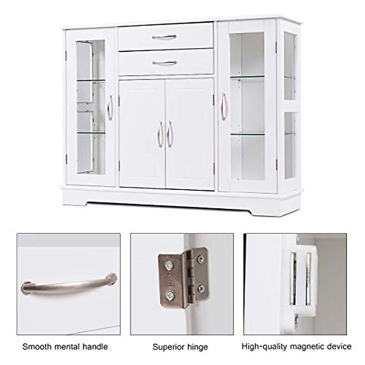 Giantex Sideboard Buffet Server Storage Cabinet W/ 2 Drawers, 3 Cabinets and Glass Doors for Kitchen Dining Room Furniture Cupboard Console Table (White)