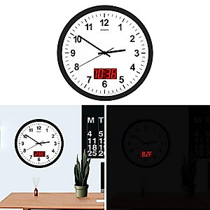 KWANWA 14 Inch Wall Clock with 1.34 inch LED Digital Time/Temperature Display, Battery Powered