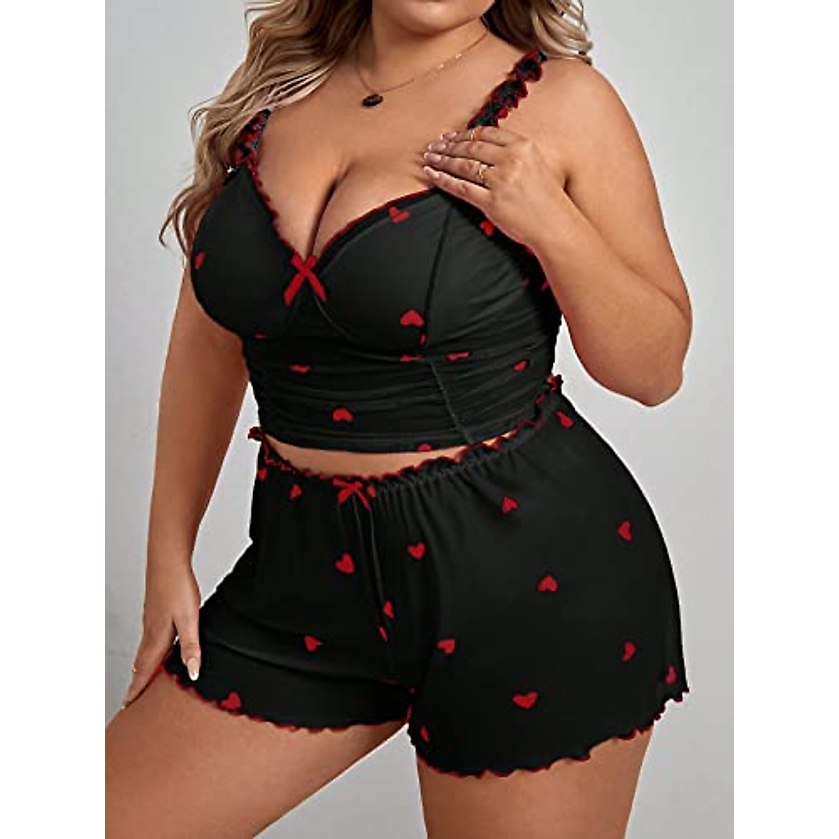 SOLY HUX Women's Plus Size Heart Print Mesh Pajama Set Cami Top and Shorts Lounge Sleepwear Black Heart 5XL