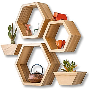 voohom Hexagon Floating Shelves – Set of 3 – 2 Wooden Plant Pots – Honeycomb Floating Shelves – Geometric Hexagon Shelves – Honeycomb Decor - Mounting Accessories Included