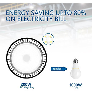 Sokply UFO LED Warehouse Light High Bay Dimmable 0-10V with US Plug 4Ft Cable, 200W (Eqv.1000W MH/HPS), 5000K, lP65 Commercial Area Lighting Fixture for Warehouse Workshop Garage Barn, UL Listed