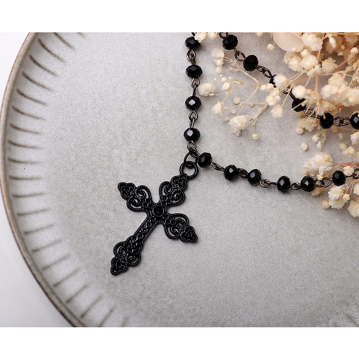 Sacina Gothic Layered Cross Necklace, Zinc Alloy Black Bead Cross Choker Necklace, Halloween Goth Jewelry Gift for Women (Layered Bead Cross)