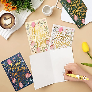 AnyDesign Greeting Card, 16 Pack Foil Gold Mother's Day Card with Stickers & Envelopes, Floral Blank Note Cards Assortment for Birthday Celebration, 4 x 6 Inch