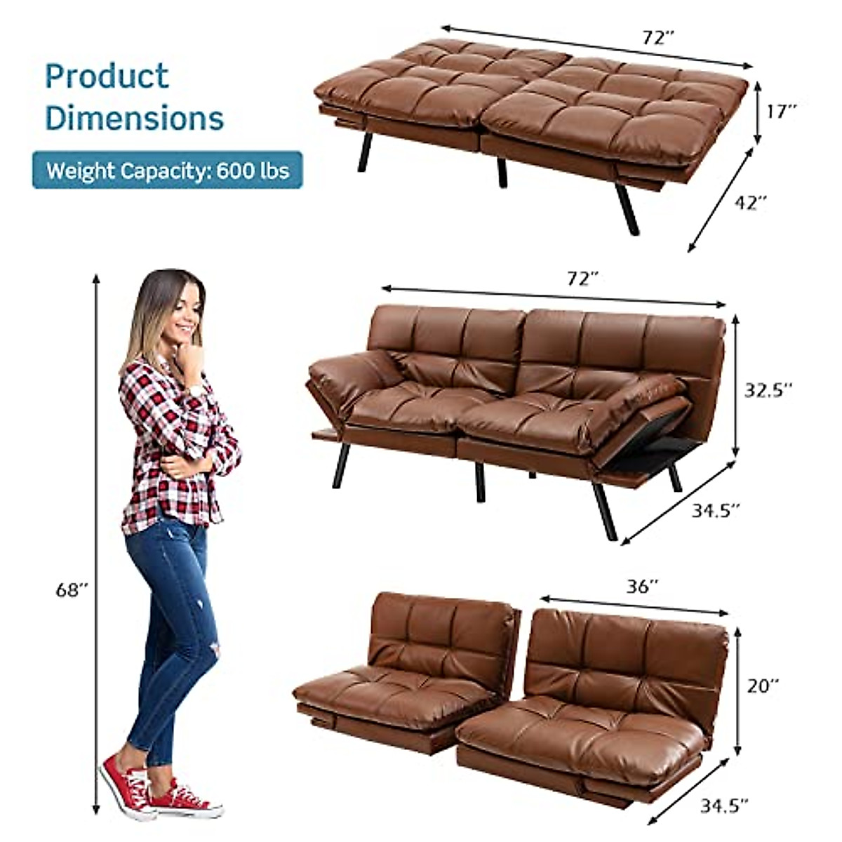 KOMFOTT Futon Sofa Bed, Faux Leather Memory Foam Convertible Futon Couch with Adjustable Backrest & Armrests, Metal Legs, Modern Loveseat Sleeper Bed Split-Back Sofa for Small Apartment & Office