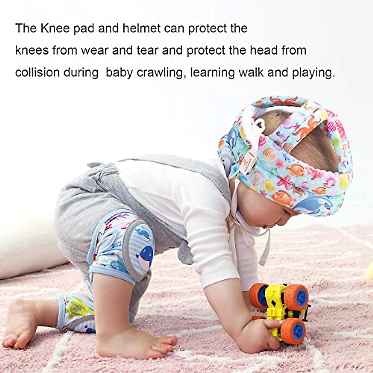 Baby Walking Harness with Knee Pads and Safety Helmet Handheld Baby Walker for Boys Girls Adjustable Walking Assistant Protective Belt Perfect for Toddler Infant Child 7-24 Months (Blue)