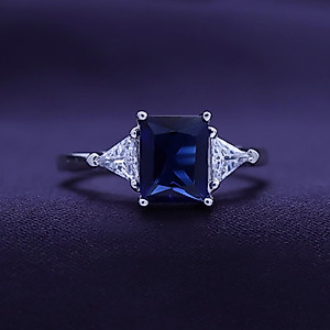 AFFY 14k White Gold Over Sterling Silver Emerald Cut Blue Sapphire With Trillion White Topaz Ring Jewelry For Womens Ring Size-7