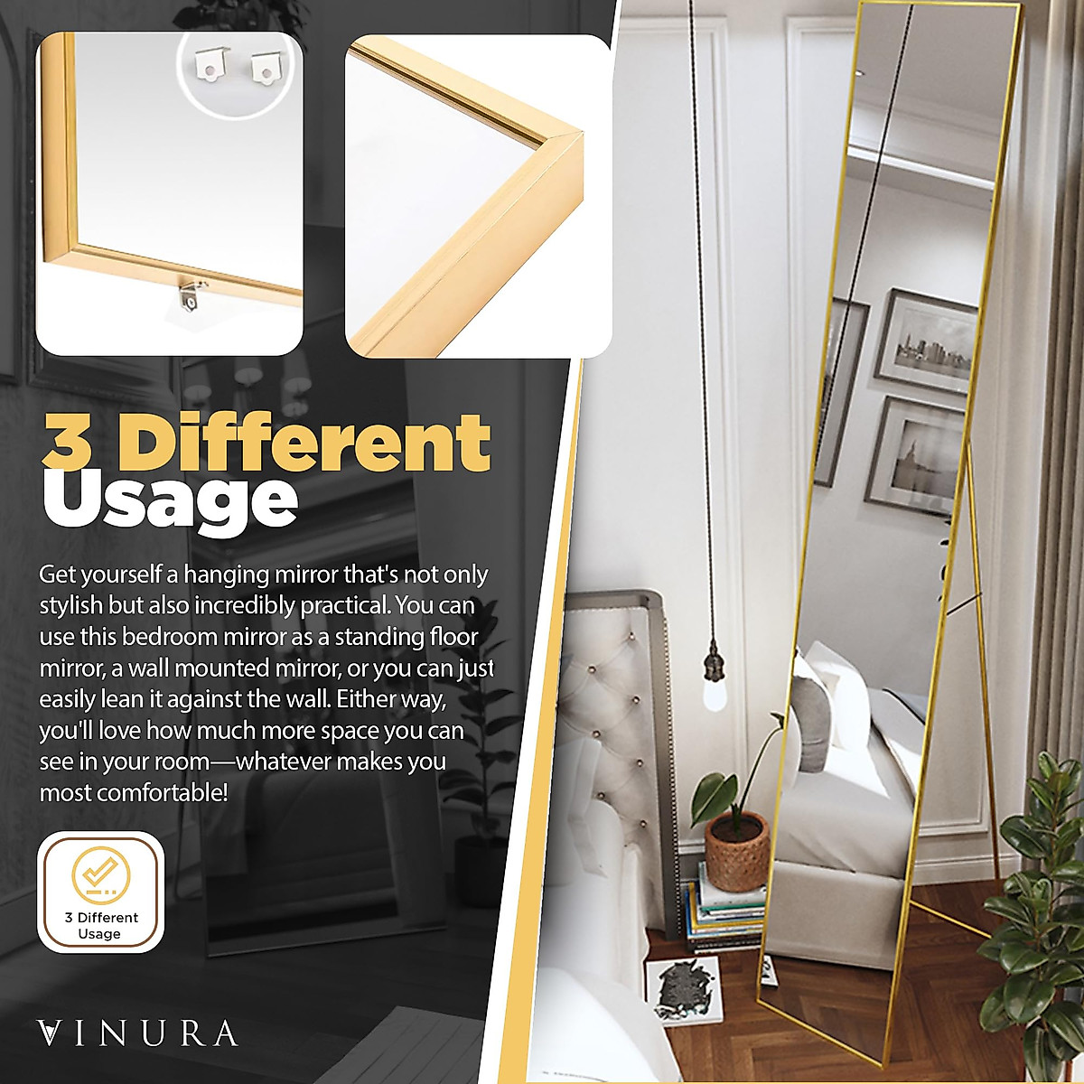 VENERA Long Mirrors for Bedroom - Sturdy Standing Mirror Full Length - Gold Aluminum Framed Full Length Mirror with Stand - 95” Tall Bedroom Mirror with Hanging Standing or Leaning